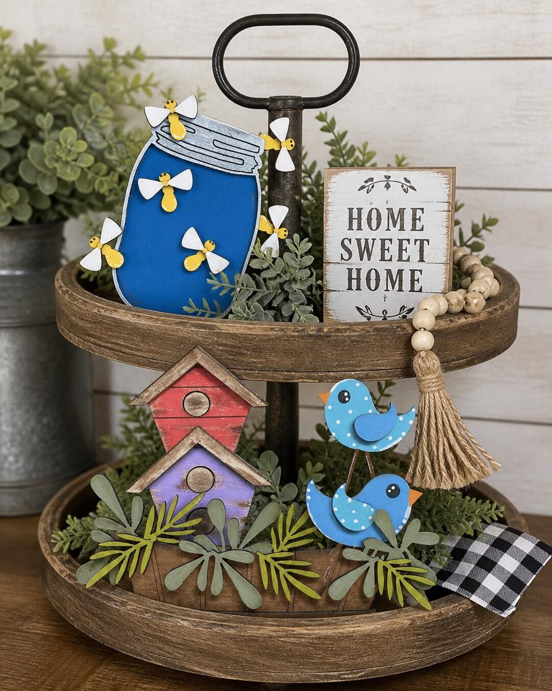 Farmhouse Spring Birdhouse Decor | Blue Birds, Fireflies, Rustic Tray ...