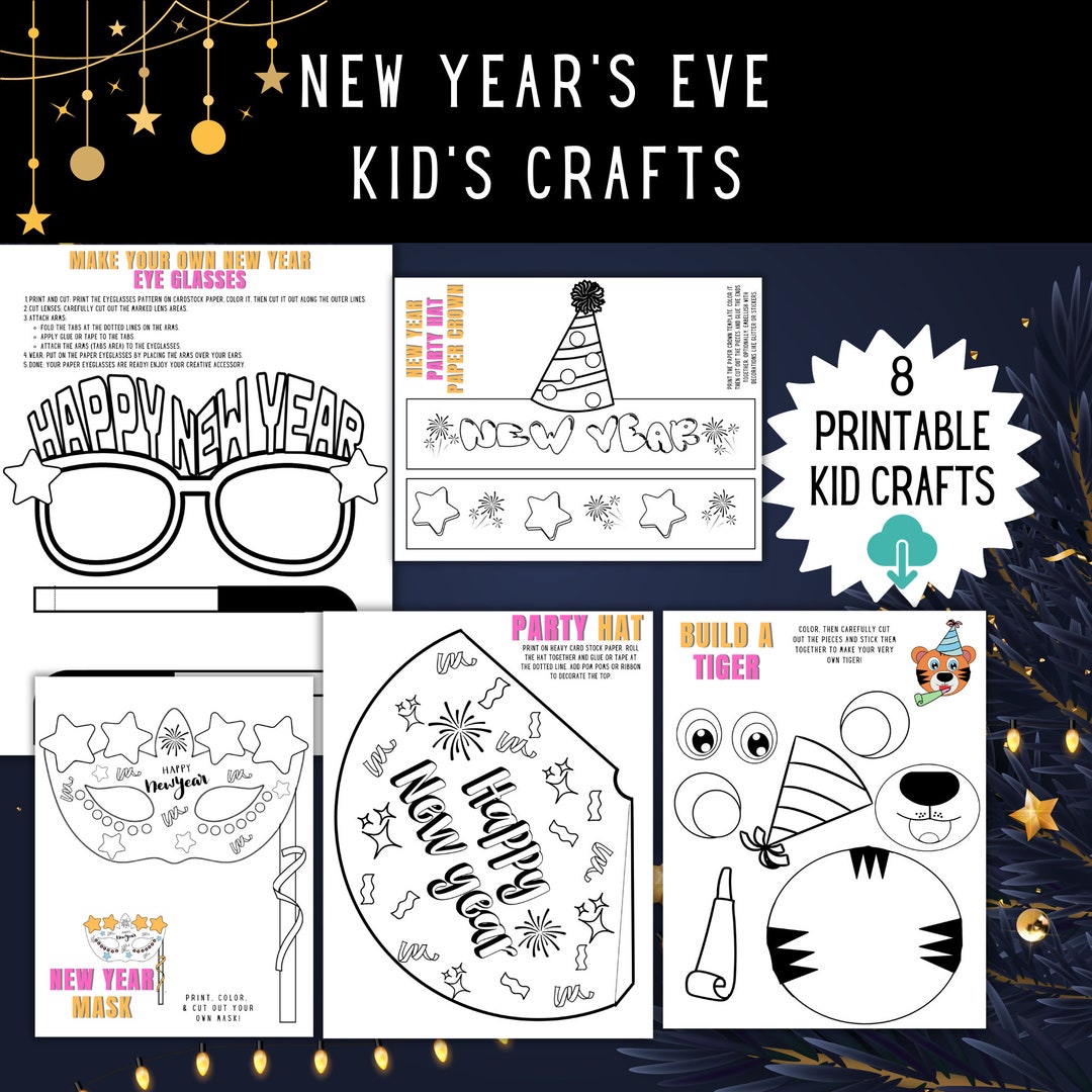 Kid's New Year's Eve Paper Crown Craft, NYE Eyeglasses 2025, Party Hat ...