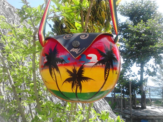 Calabash purse painted /leatherett... Bag in gourd with faux | Etsy