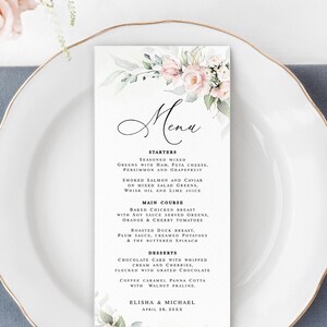 Pink Flowers Wedding Menu Card Template Self-editing Menu Floral Menu ...