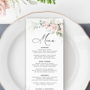 Pink Flowers Wedding Menu Card Template Self-editing Menu Floral Menu ...