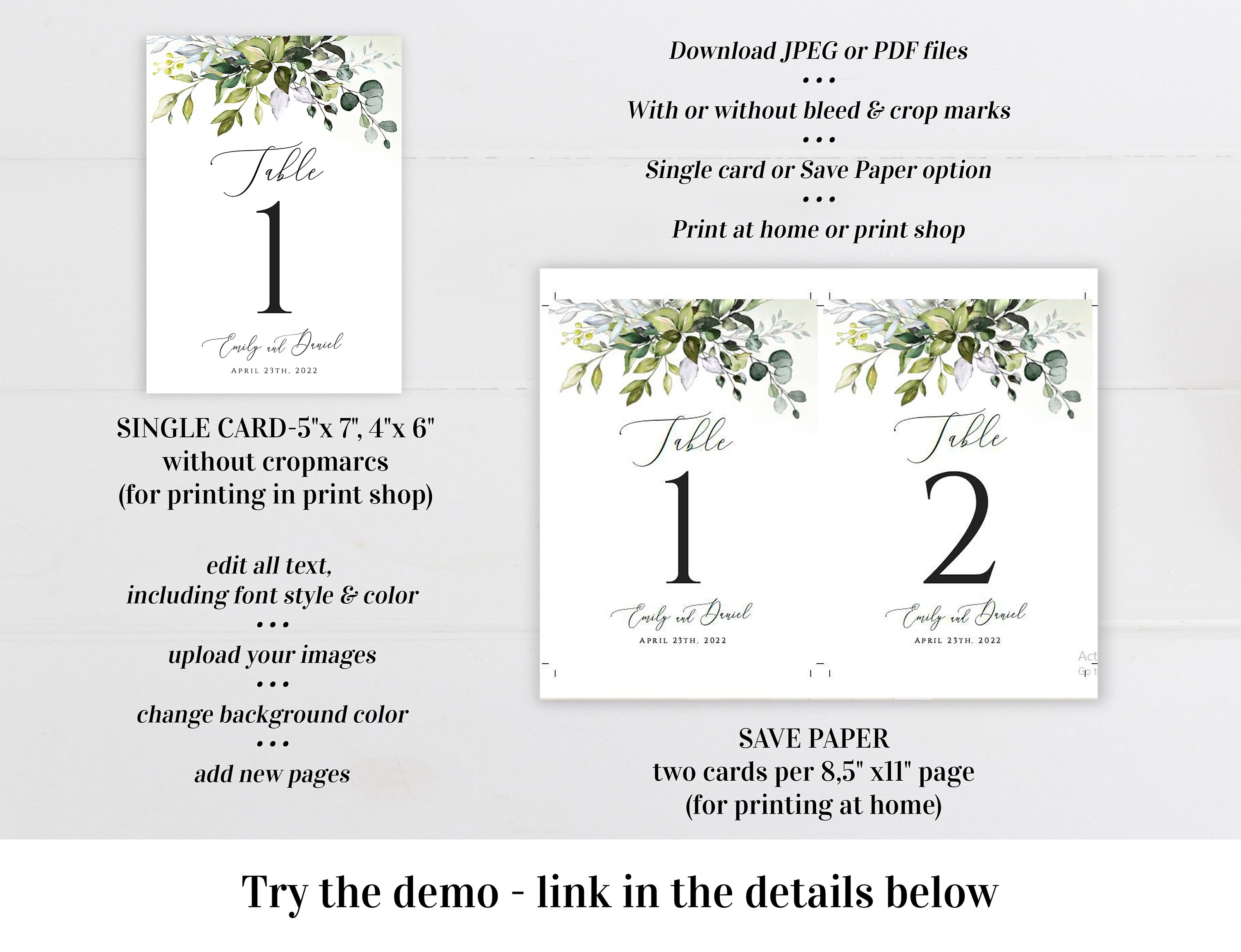 Eucalyptus Greenery Wedding Table Number Card Editable Template ...