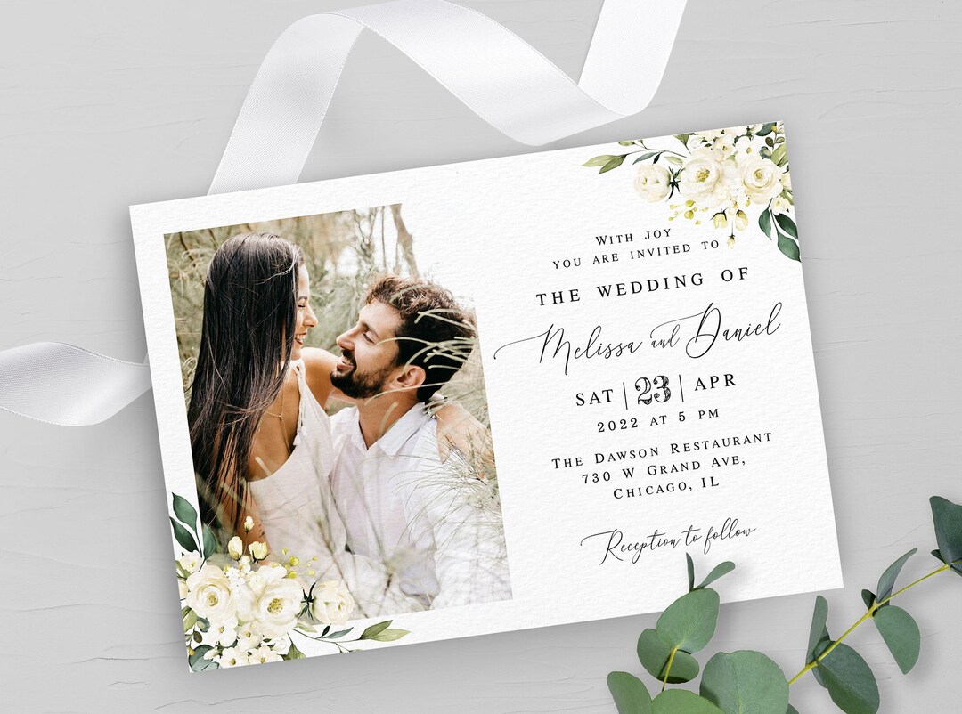 White Roses Floral Wedding Invitation Template Editable Invite With ...