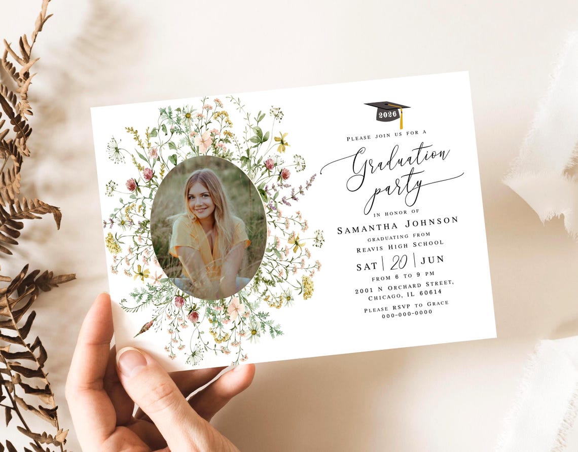 Wildflowers Graduation Invitation Template Editable Photo Grad Invite ...