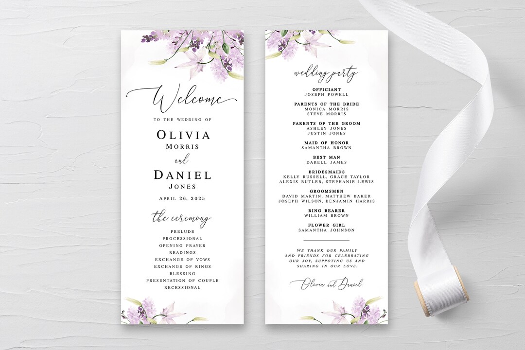 Lavender Floral Wedding Program Template Digital Download Editable in ...