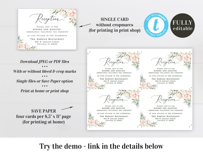 Reception Card Template Editable Insert Card Wedding Pink - Etsy