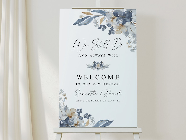 Dusty Blue Wedding Vow Renewal Welcome Sign Template Floral Reception ...