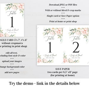 Floral Table Numbers Editable Template Printable Table Card Pink Roses ...