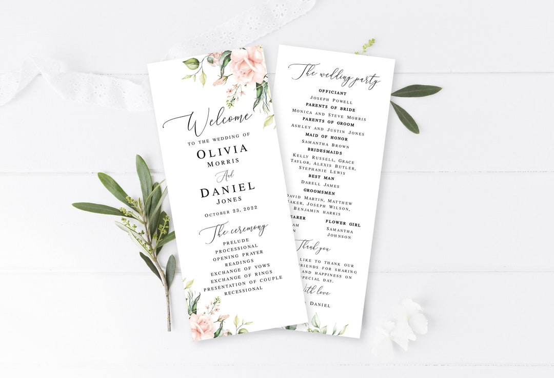 Floral Wedding Program Template Pink Roses Wedding Program Printable ...