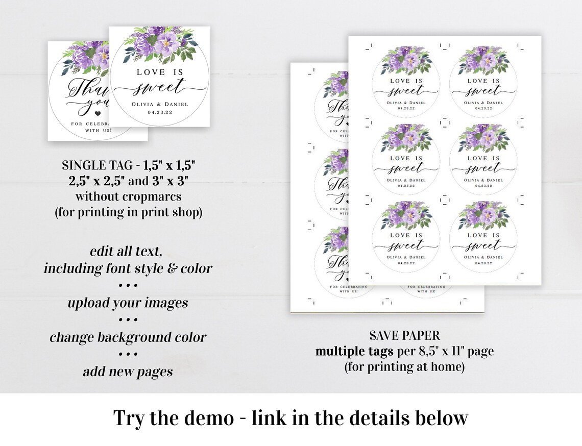 Double Sided Round Gift Tag Editable Template Wedding Purple - Etsy