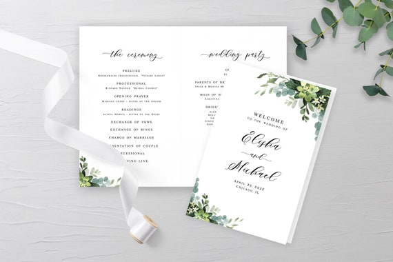 Greenery Folded Program Printable Editable Template Wedding | Etsy