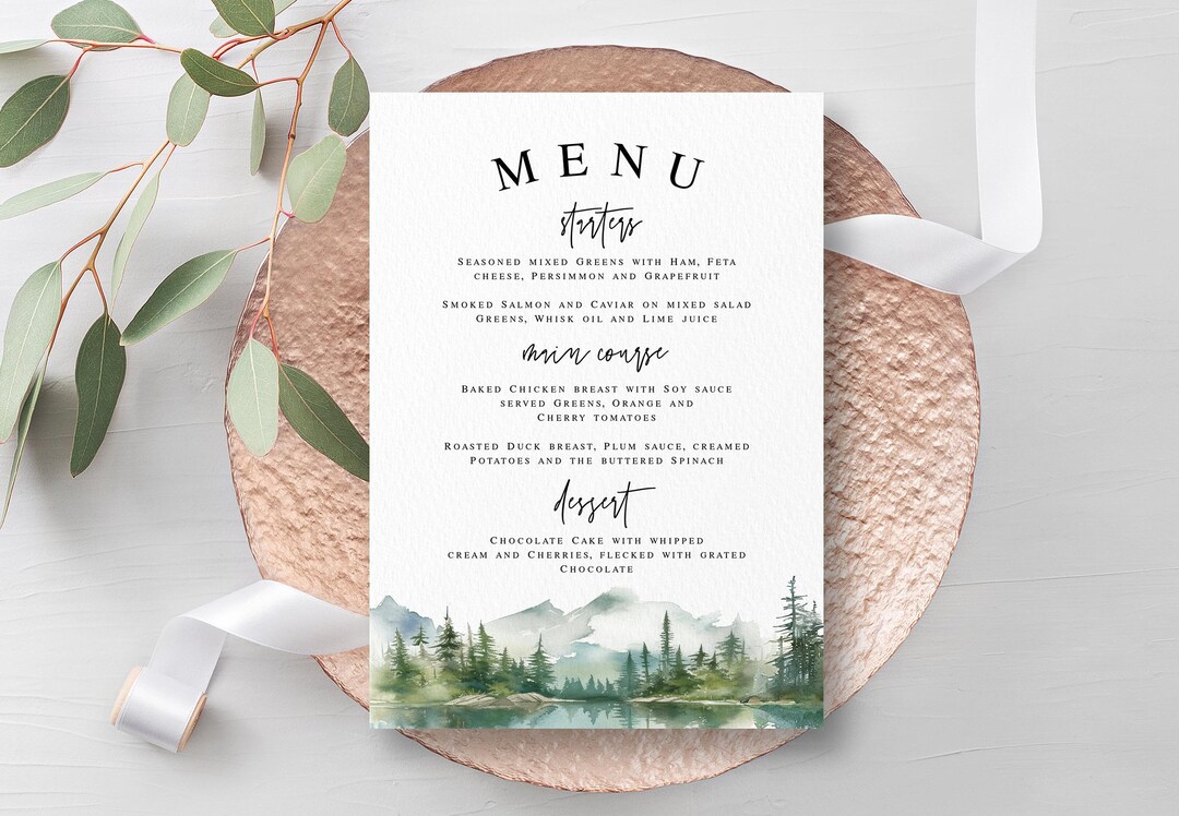 Lake Forest Menu Card Template Editable Menu Card Printable Mountains ...