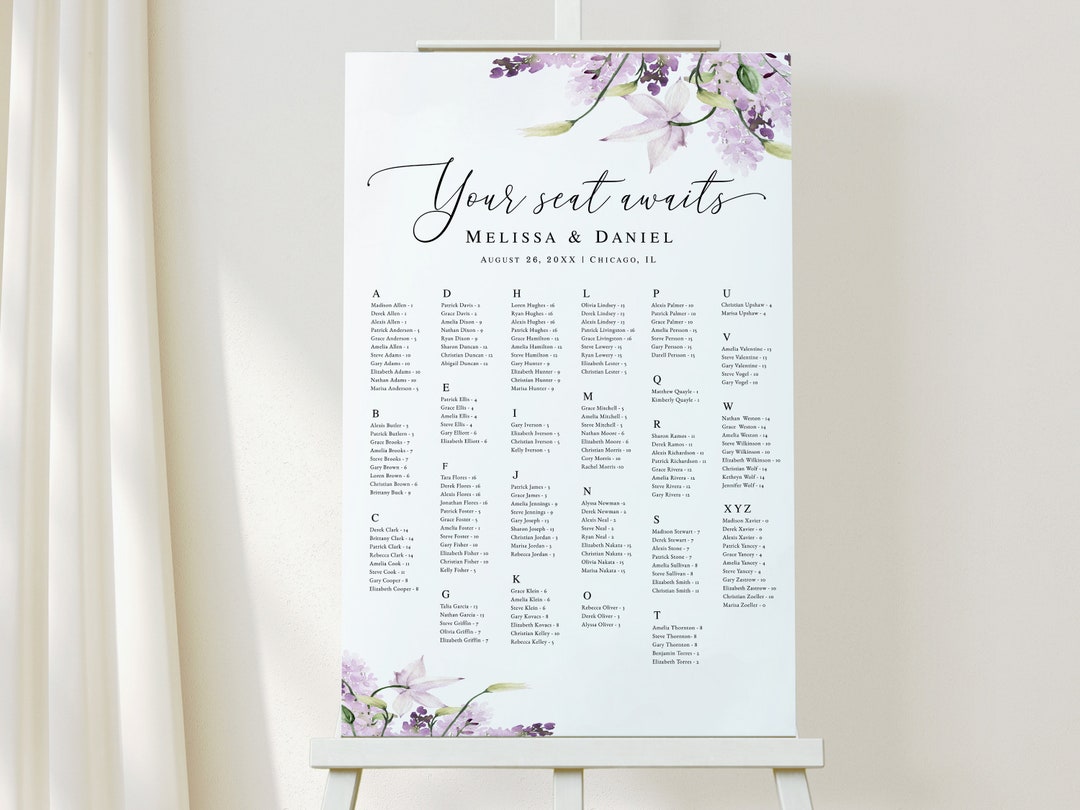 Lavender Floral Seating Chart Editable Template Alphabetical Wedding ...
