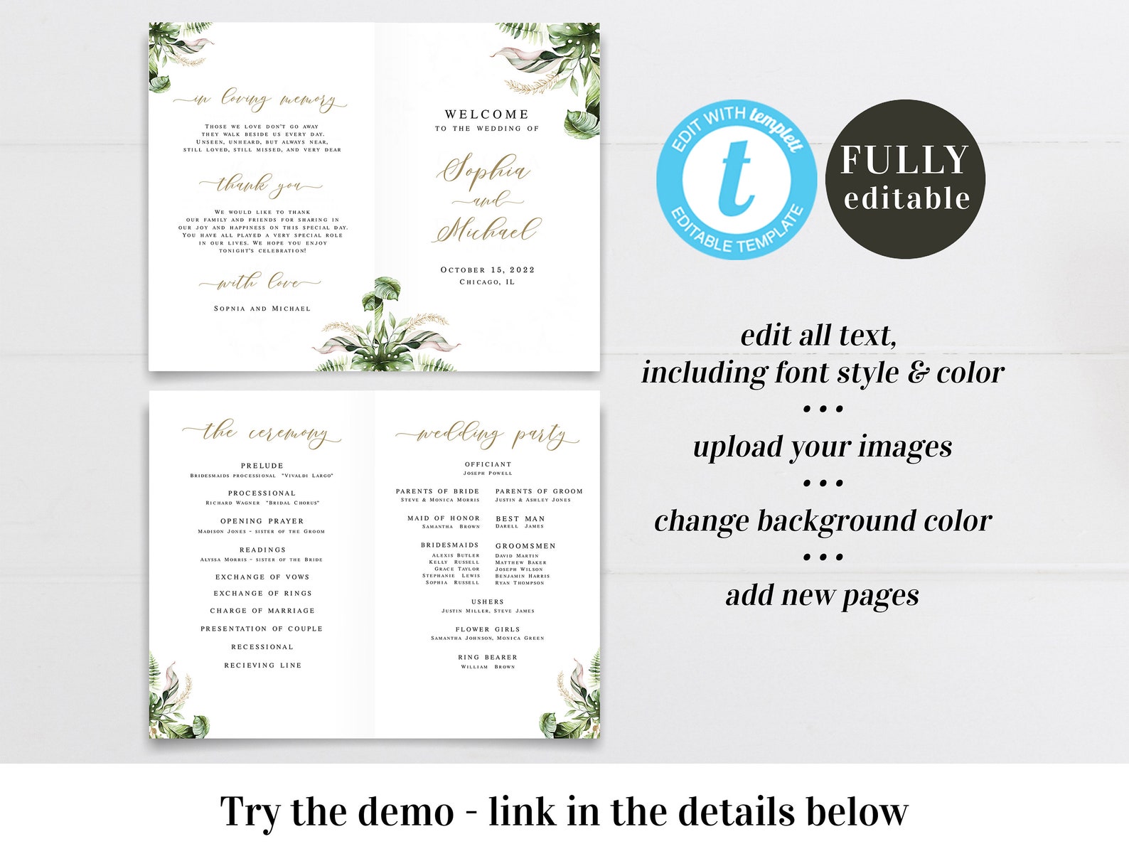 Greenery Wedding Folded Program Fully Editable Template | Etsy