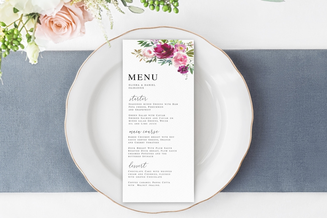 Floral Menu Card Template Editable Wedding Menu Rehearsal Dinner ...