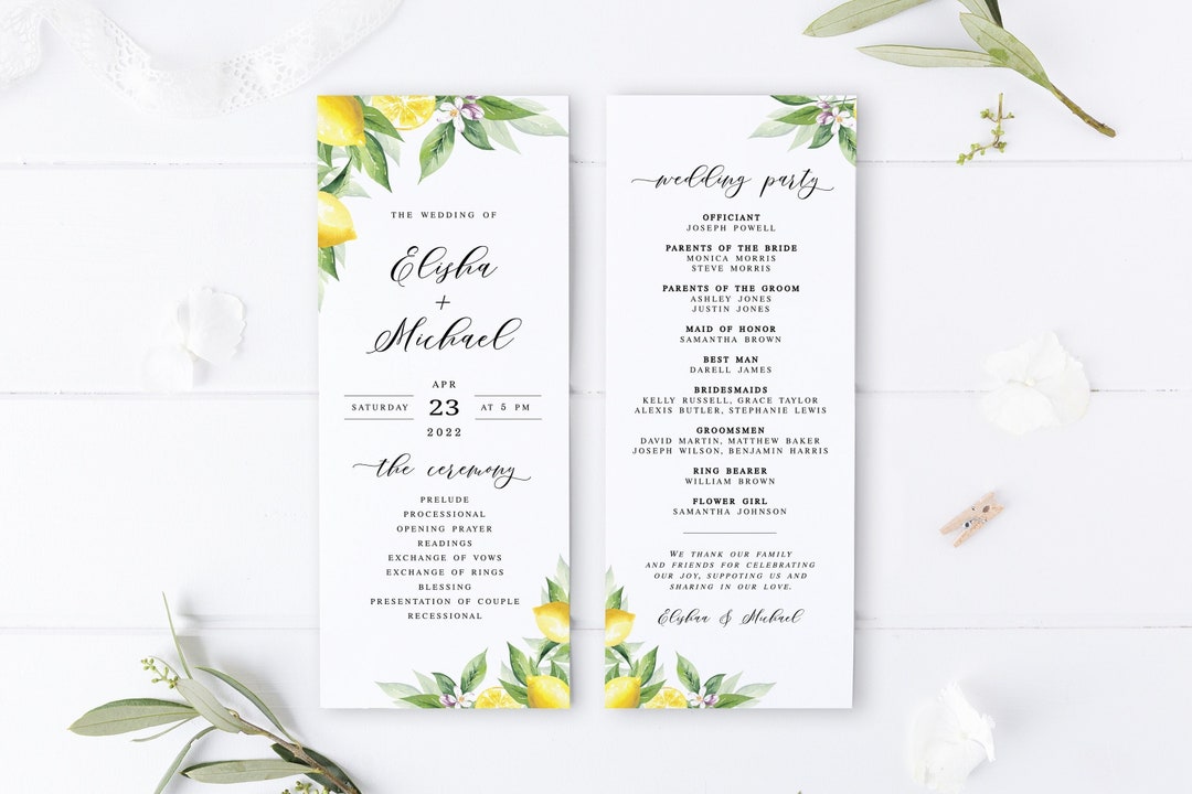 Lemon Wedding Program Template Self-editing Program Wedding Ceremony ...