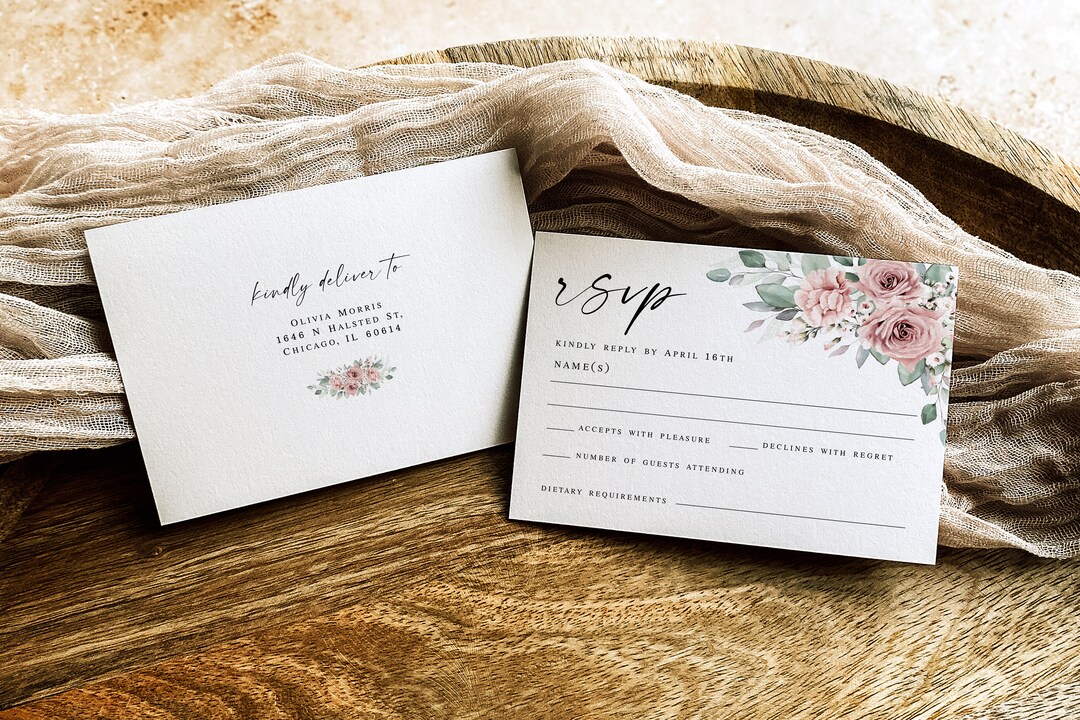 Dusty Roses RSVP Card Template Editable RSVP Card Printable Rehearsal Dinner Invitation Insert ...