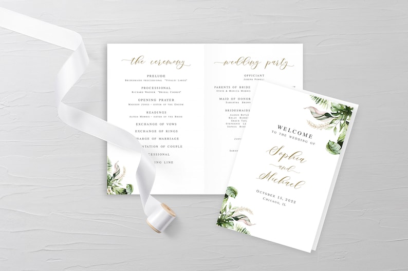 Greenery Wedding Folded Program Fully Editable Template - Etsy