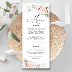 Pink Flowers Wedding Menu Card Template Self-editing Menu Floral Menu ...