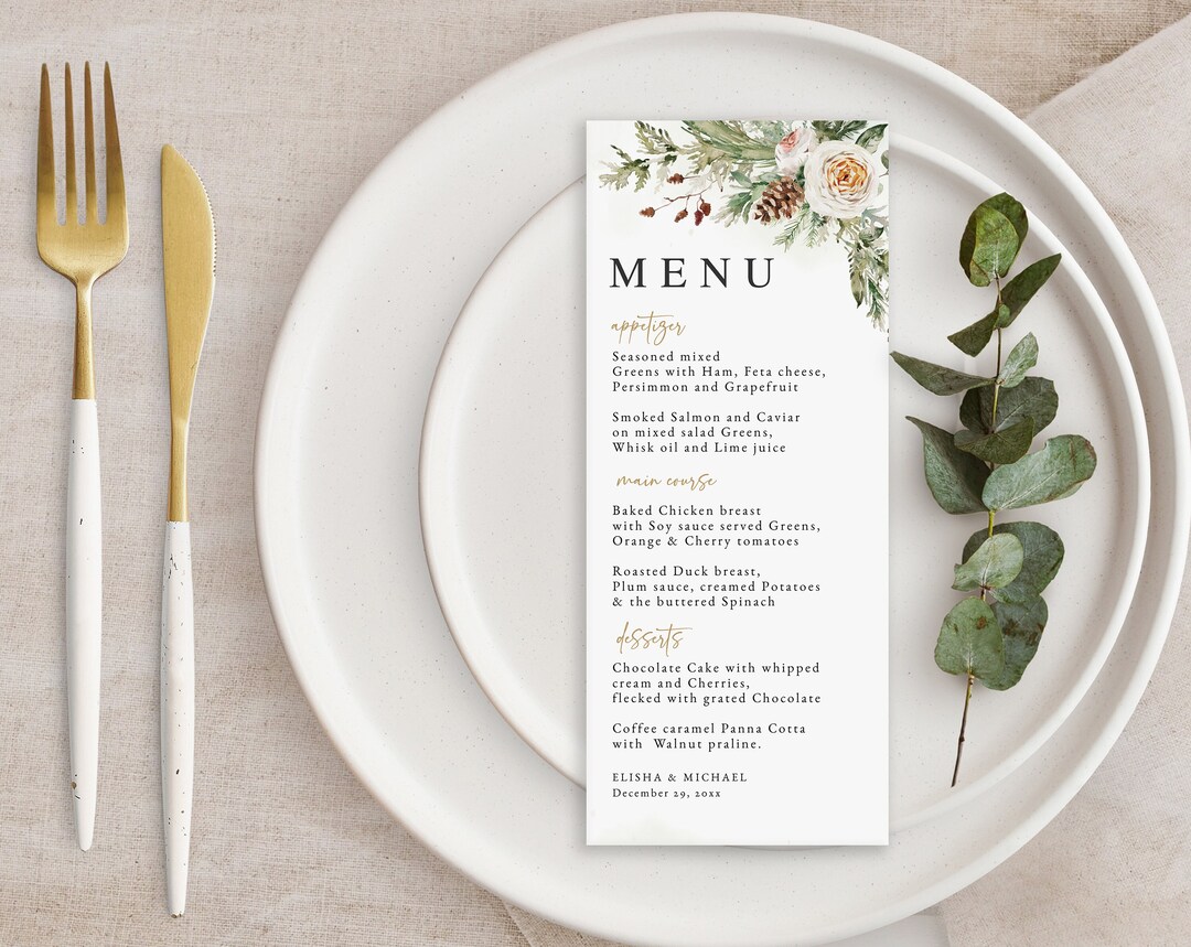 Winter Wedding Menu Card Template Printable Menu Card Self-editing Menu ...