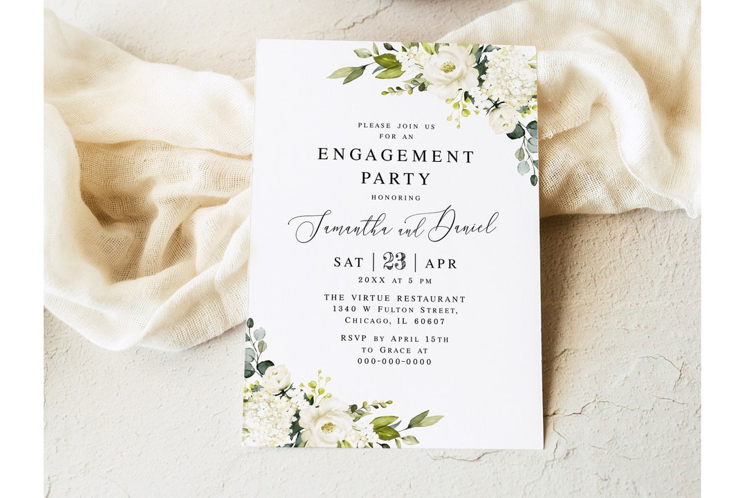 Floral Engagement Party Invitation Template White Roses Invite ...