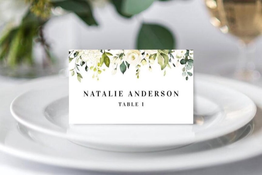 White Roses Floral Wedding Place Card Template Customizable Table Name ...
