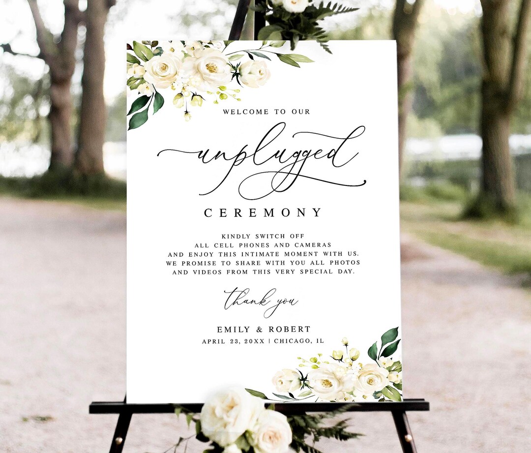Welcome Unplugged Ceremony Sign White Roses Welcome Sign Template ...