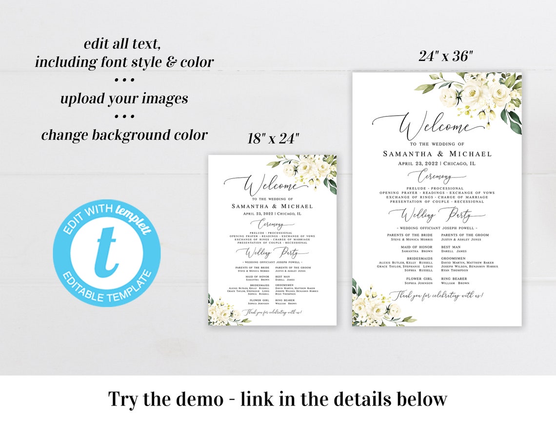 Wedding Program Sign Editable Template Wedding White Roses | Etsy
