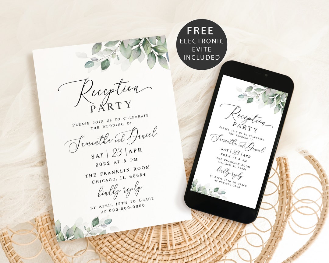 Reception Party Invitation Template Greenery Wedding Invite Elopement ...