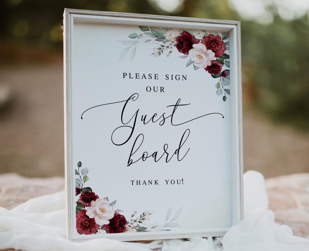 Wedding Guest Board Sign Template Burgundy Blush Signs Printable ...