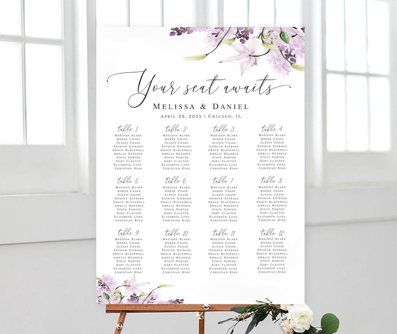 Lavender Floral Wedding Seating Chart Template Editable Guest List ...