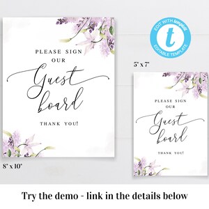 Lavender Wedding Guest Board Sign Floral Template Printable Digital ...