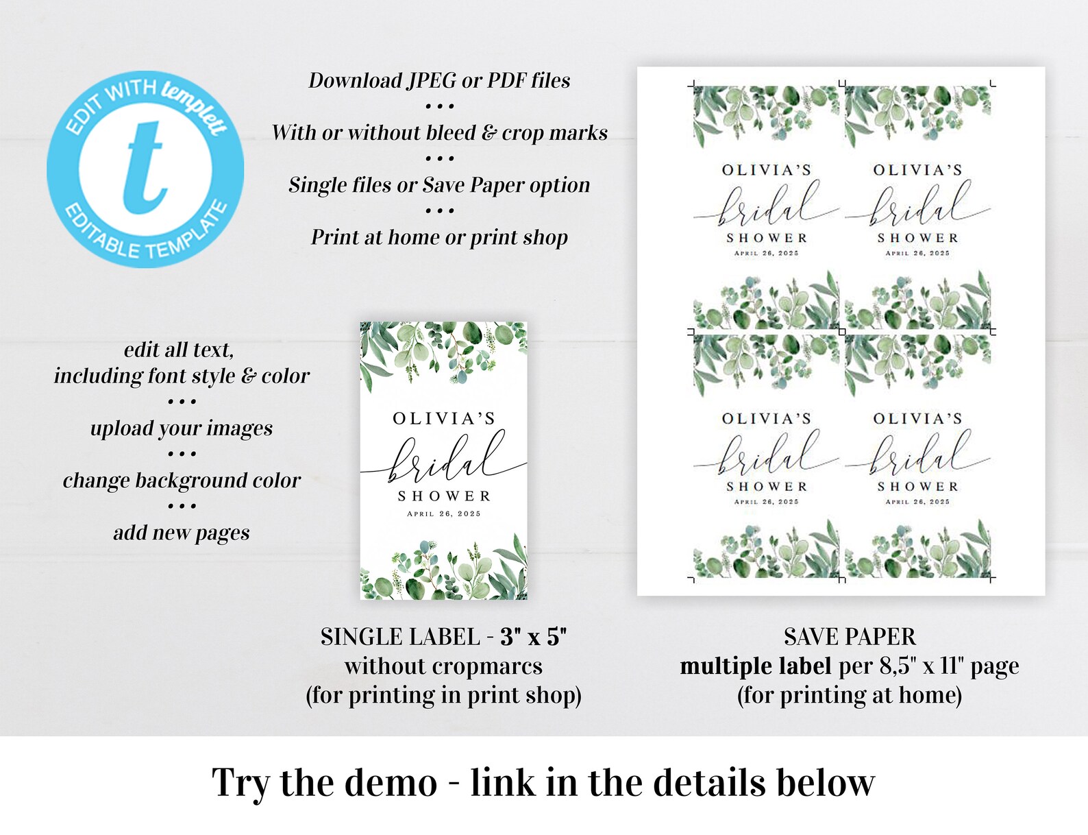 Greenery Wine Labels Editable Template Bridal Shower Favor - Etsy