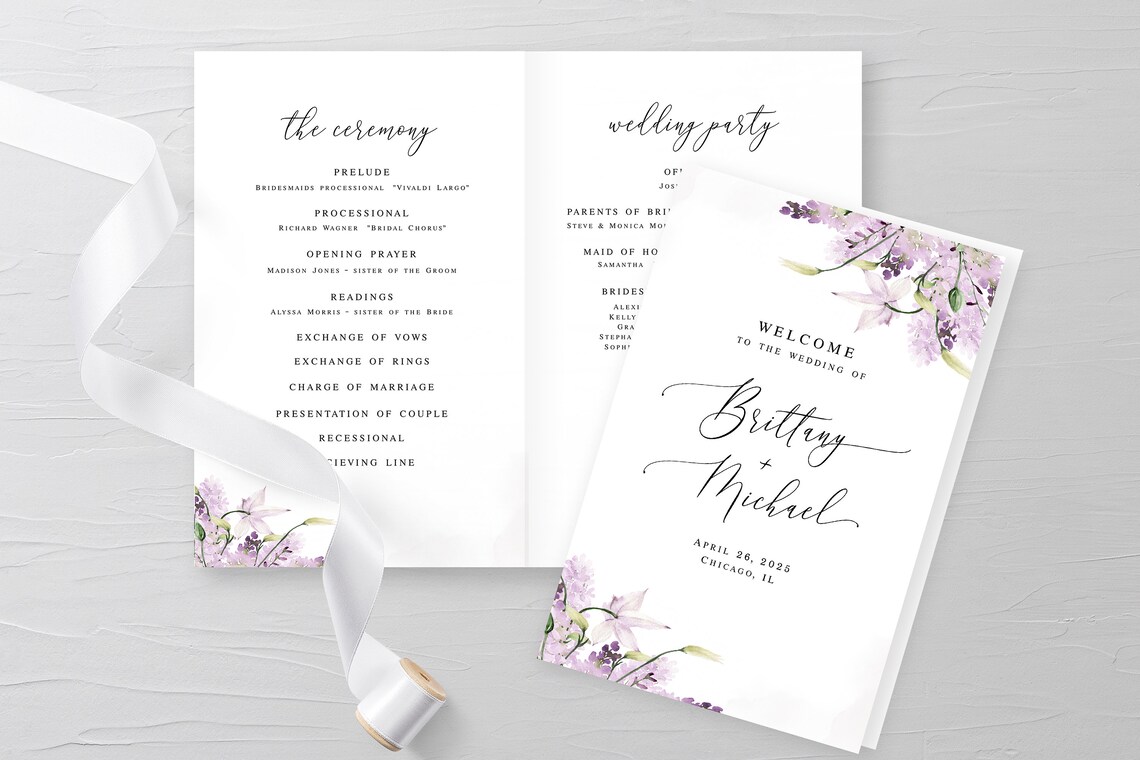 Lavender Wedding Folded Program Template Editable Printable - Etsy