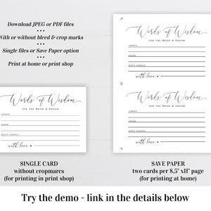 Words of Wisdom Card Template Minimalist Wedding Advice Card Printable ...