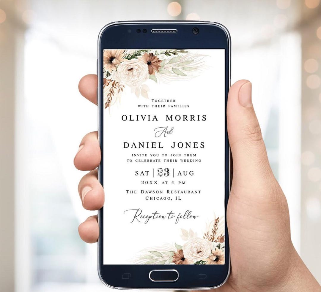 Boho Wedding E-invite Template Beige Floral Design Editable Electronic ...