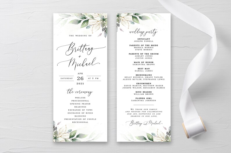 Greenery Wedding Program Template Editable Program Gold - Etsy