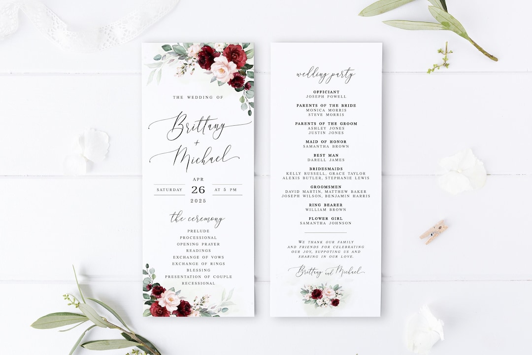 Burgundy Wedding Program Template Editable Program Printable Wedding ...