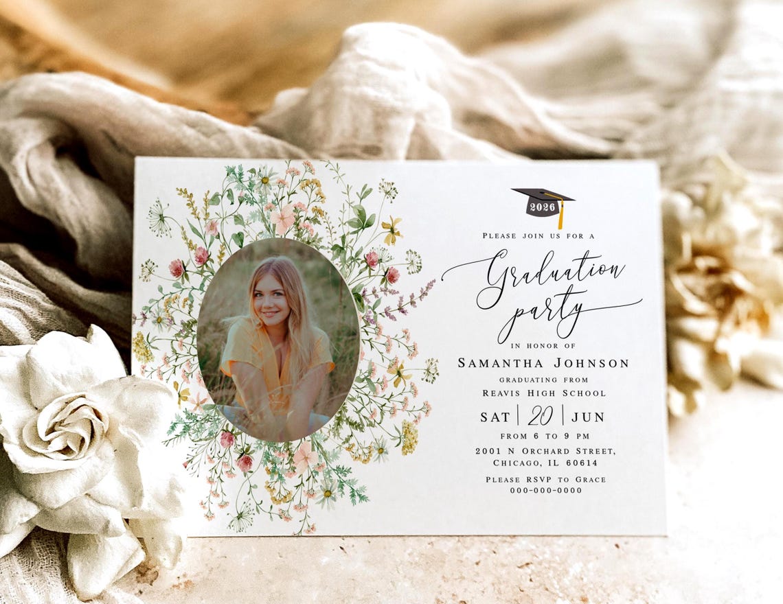 Wildflowers Graduation Invitation Template Editable Photo Grad Invite ...