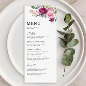 Floral Menu Card Template Editable Wedding Menu Rehearsal Dinner ...