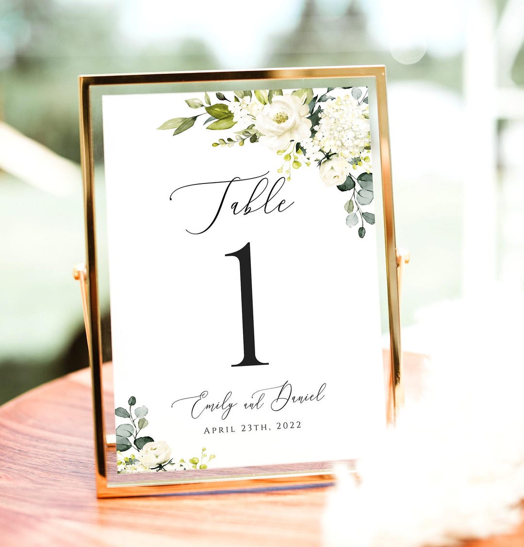 White Roses Table Number Card Template Floral Table Number Card ...