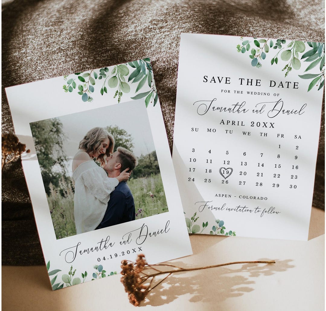 Eucalyptus Calendar Save the Date With Photo Greenery Wedding ...
