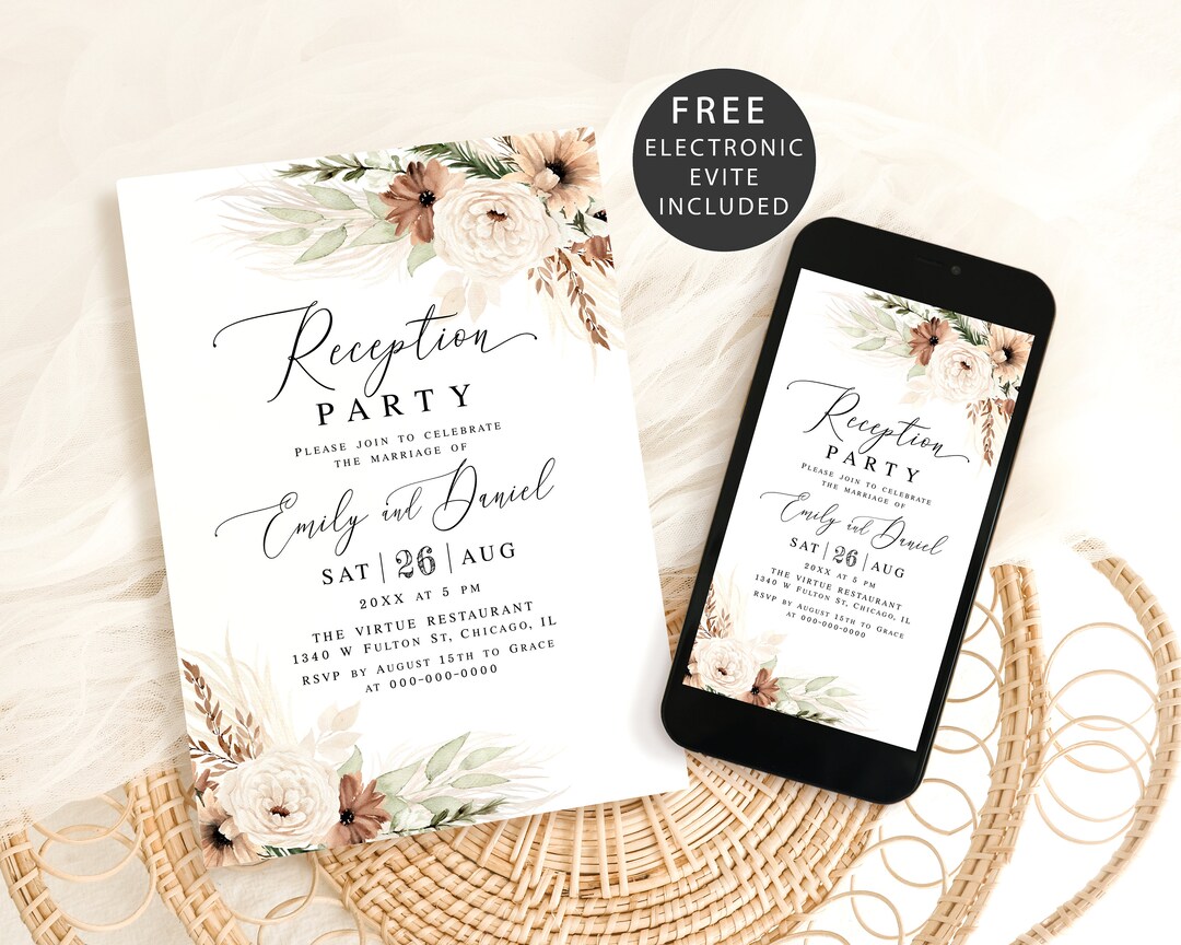 Boho Wedding Reception Party Invitation Template Beige Wedding Invite ...