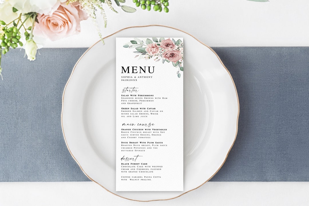 Dusty Roses Menu Card Template Edit With Templett Wedding Menu ...