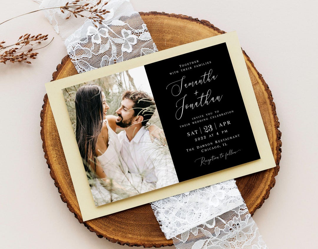 Black Wedding Invitation Template Customizable Invite With Photo ...
