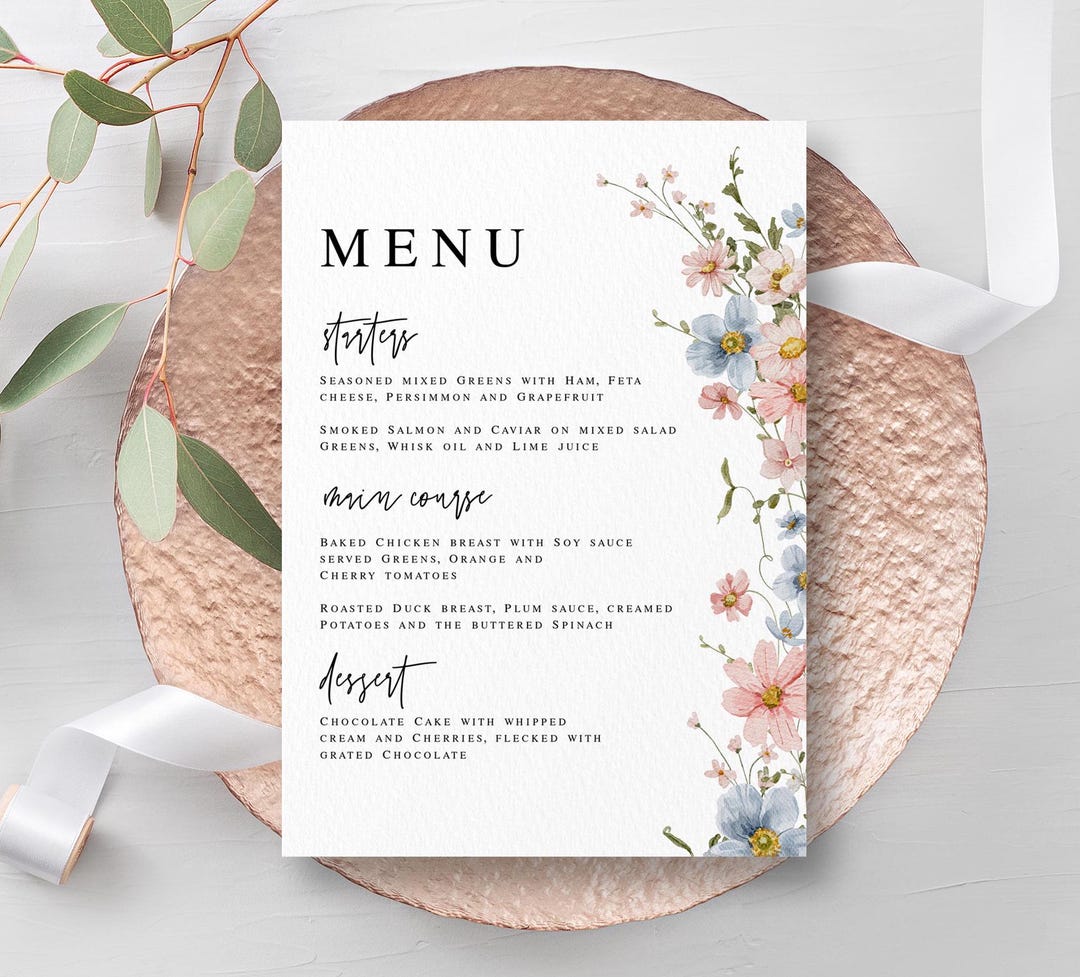 Floral Menu Card Template Wildflower Menu Card Printable Customizable ...