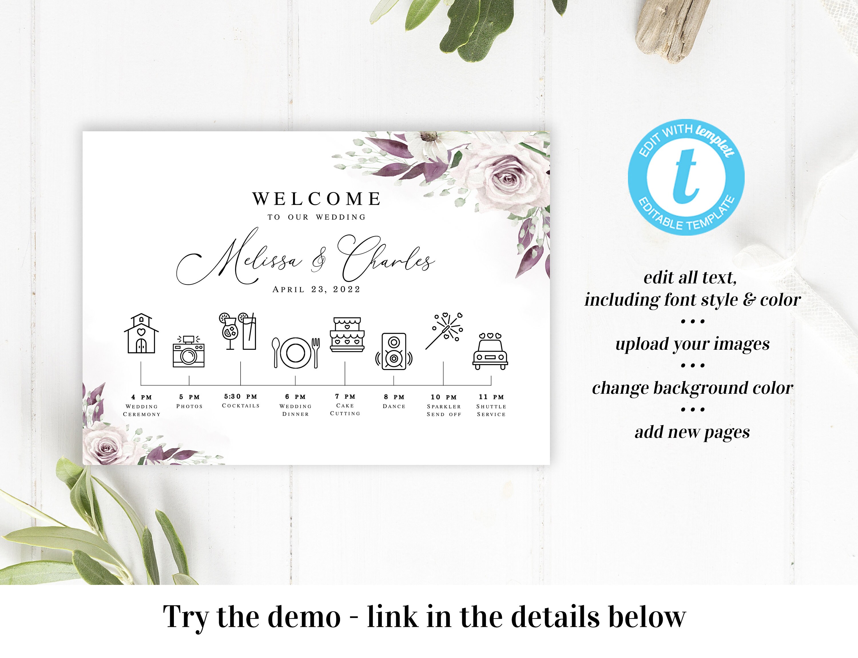 Purple Wedding Timeline Printable Editable Schedule Template - Etsy