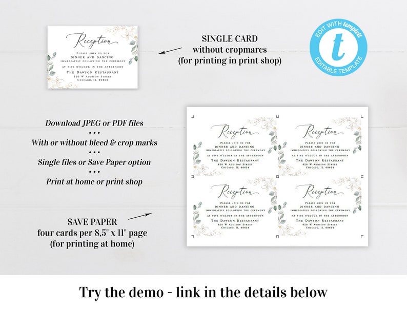 Reception Card Template Editable Insert Card Wedding | Etsy