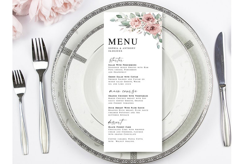 Dusty Roses Menu Card Template Edit With Templett Wedding Menu - Etsy