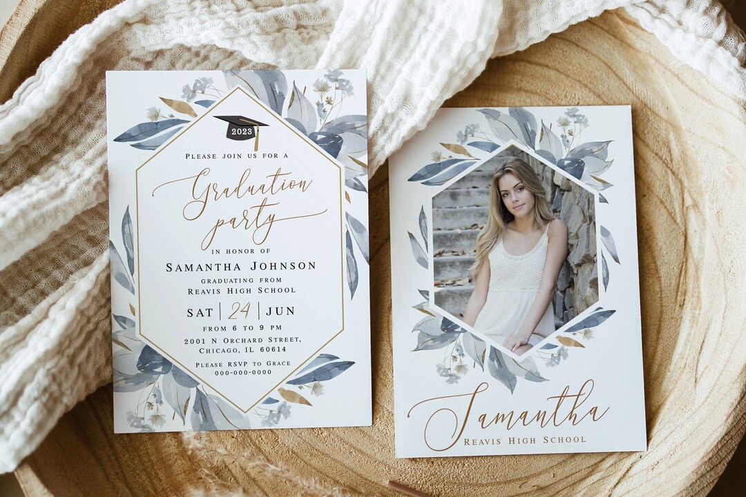 Blue Graduation Invitation Template Editable Invite With Photo - Etsy